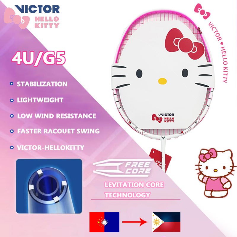 Victorx คิตตี้/โดราเอมอน แร็กเก็ตแบดมินตัน แบบเดี่ยว KT DX-KT 22-26 ปอนด์ (สีชมพูดอกไม้ ...