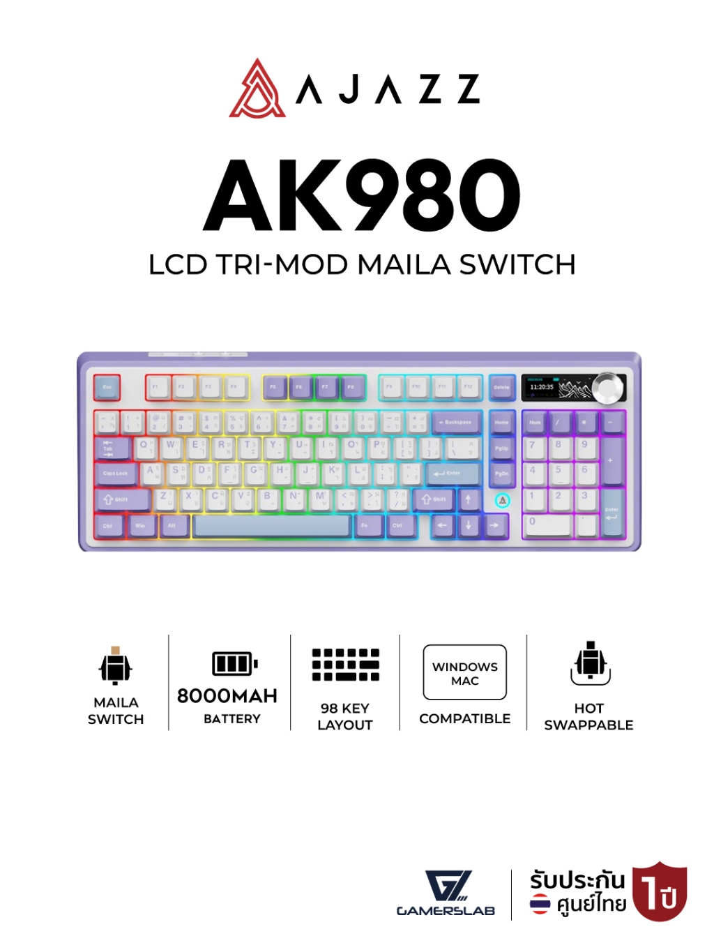 คีย์บอร์ดเกมมิ่ง Ajazz AK980 LCD Gasket Tri-Mod Maila Switch Mechanical ...