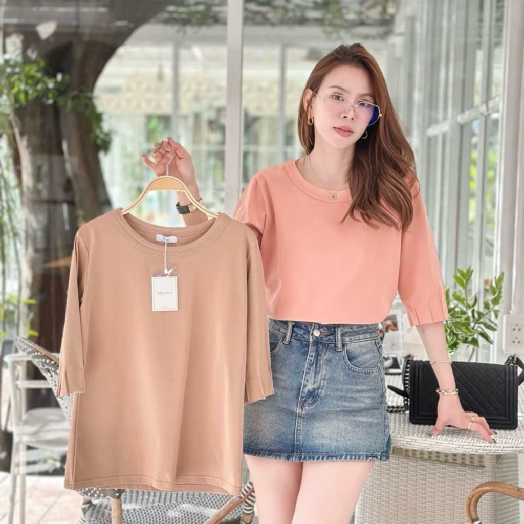 005New Deezyy เสื้อคอกลมสองชั้นแขนศอกแต่งจีบแขน ผ้าCotton supersofeมูจิ | Shopee Thailand