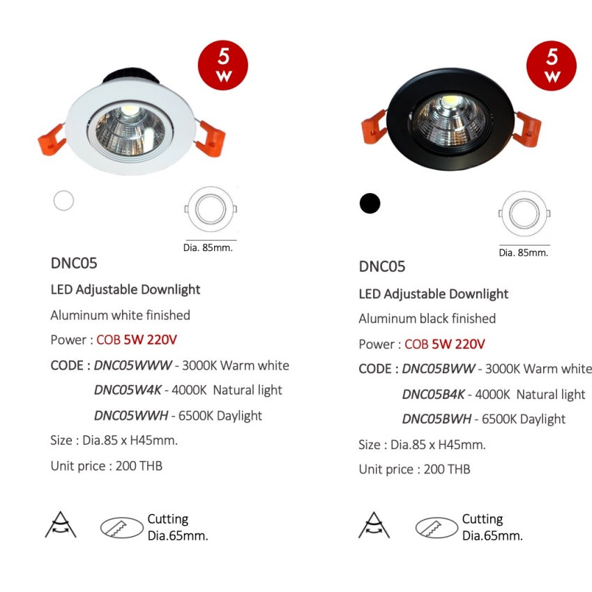 โคมดาวน์ไลท์ Downlight LED Adjustable COB 5W 220V มีแสงให้เลือก3แสง DL / WW / CW #DNC05 Dner ...