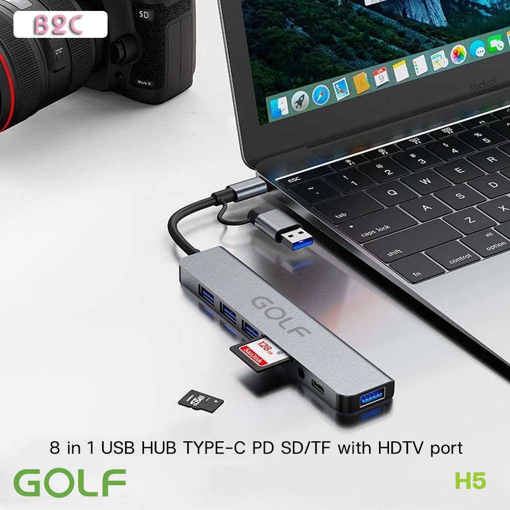 GOLF รุ่น H5 8in1 HUB อะแดปเตอร์ฮับUSB+Type C HUB USB C เป็นUSB3.0 การ์ดรีดเดอร์SD TF PD HUB 3.5 ...