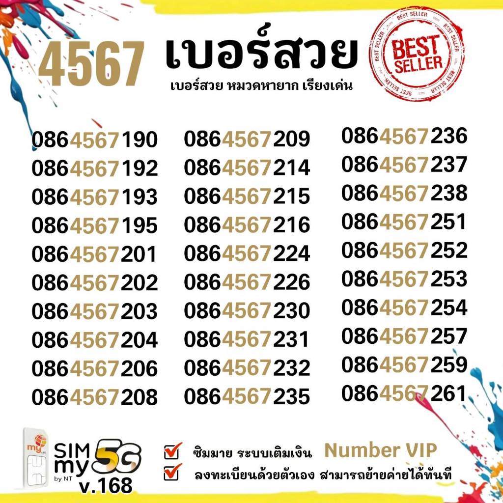 (vip.168)เบอร์สวยเรียงเด่น 086-4567-xyx หมวดหายาก ระบบเติมเงิน ซิมมาย ...
