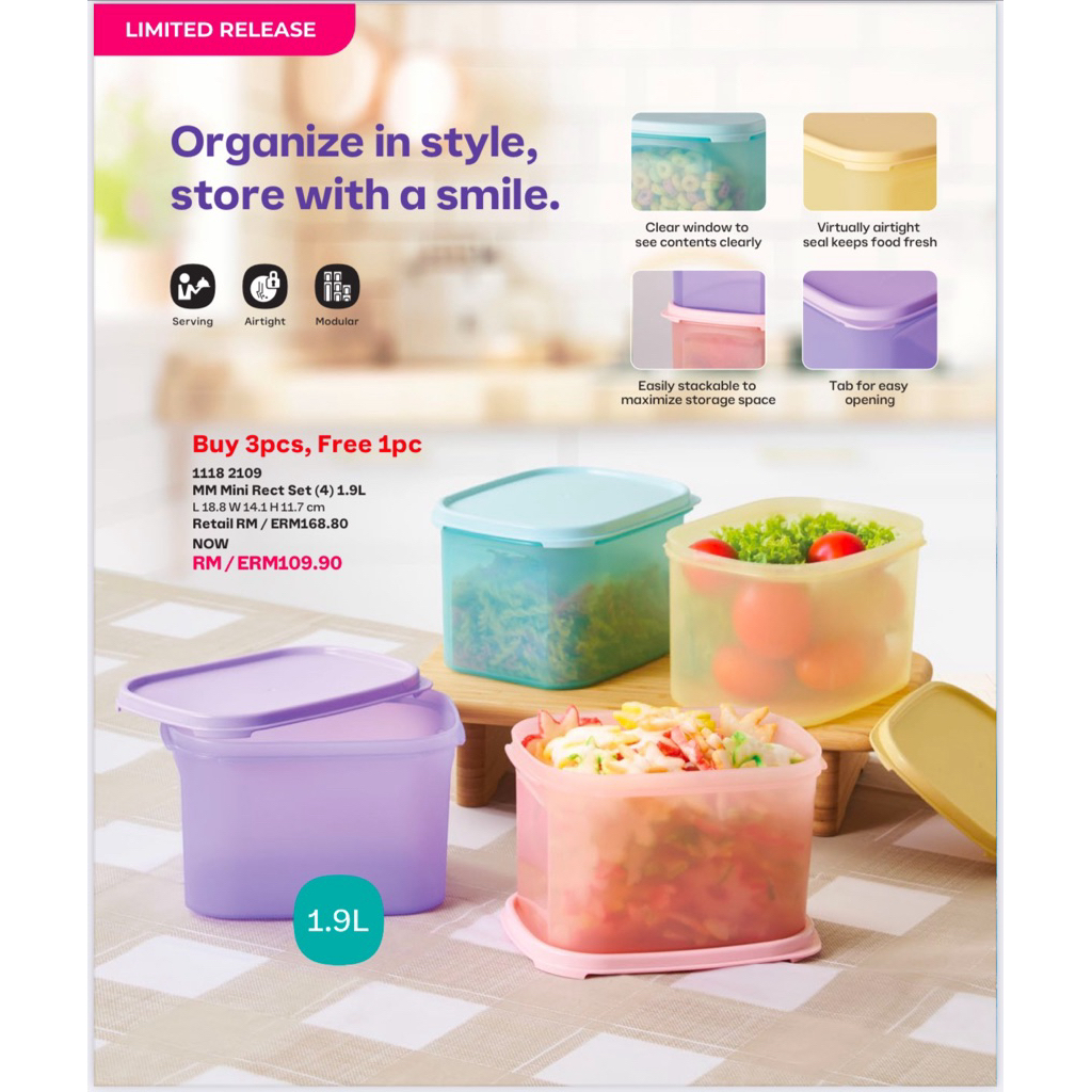 Tupperware รุ่น Modular mates mini rectangular (1ใบ) ขนาด 1.9L คละสี ...