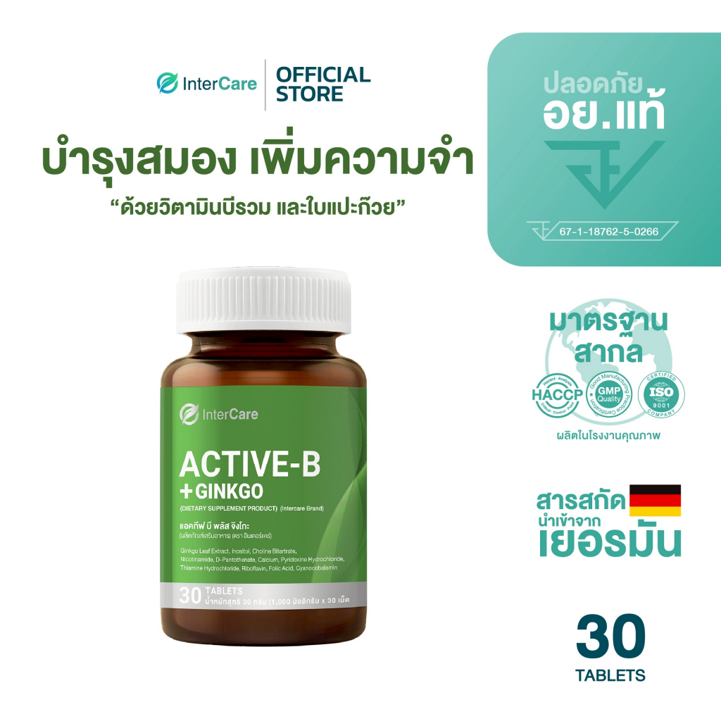 InterCare Active-B Plus Ginkgo แอคทีฟบีพลัสจิงโกะ บำรุงสมองเพิ่มความจำ สกัดจากใบแปะก๊วย วิตามินบ ...