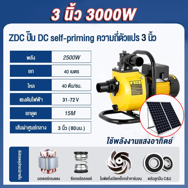 ปั๊มน้ำหอยโข่งโซล่าเซลล์ Solar Water Pump 3000W 2นิ้ว/3นิ้ว 145Vmax DC ...