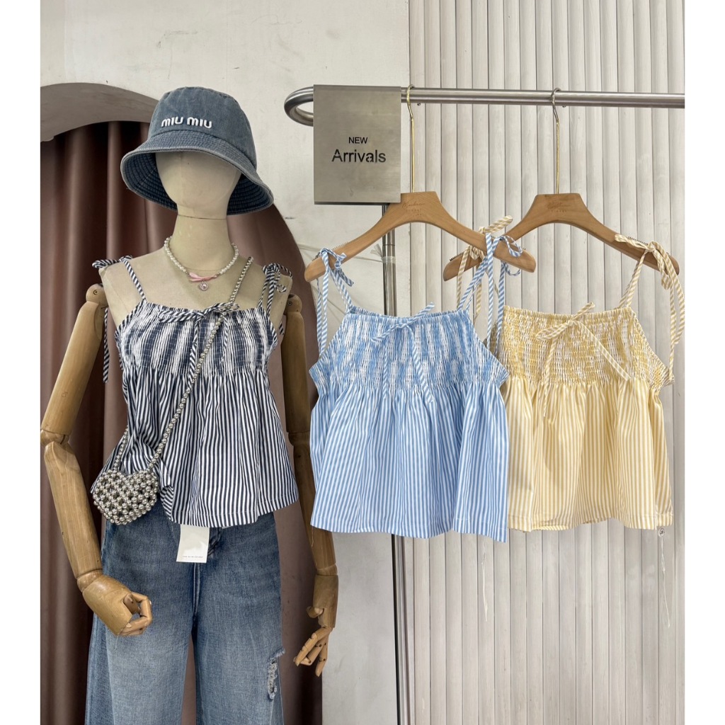 M1820 เสื้อสายเดี่ยวระบายลายทางสุดคิ้วท์ ใส่ง่าย สบายมากกก แถมสายปรับ ...