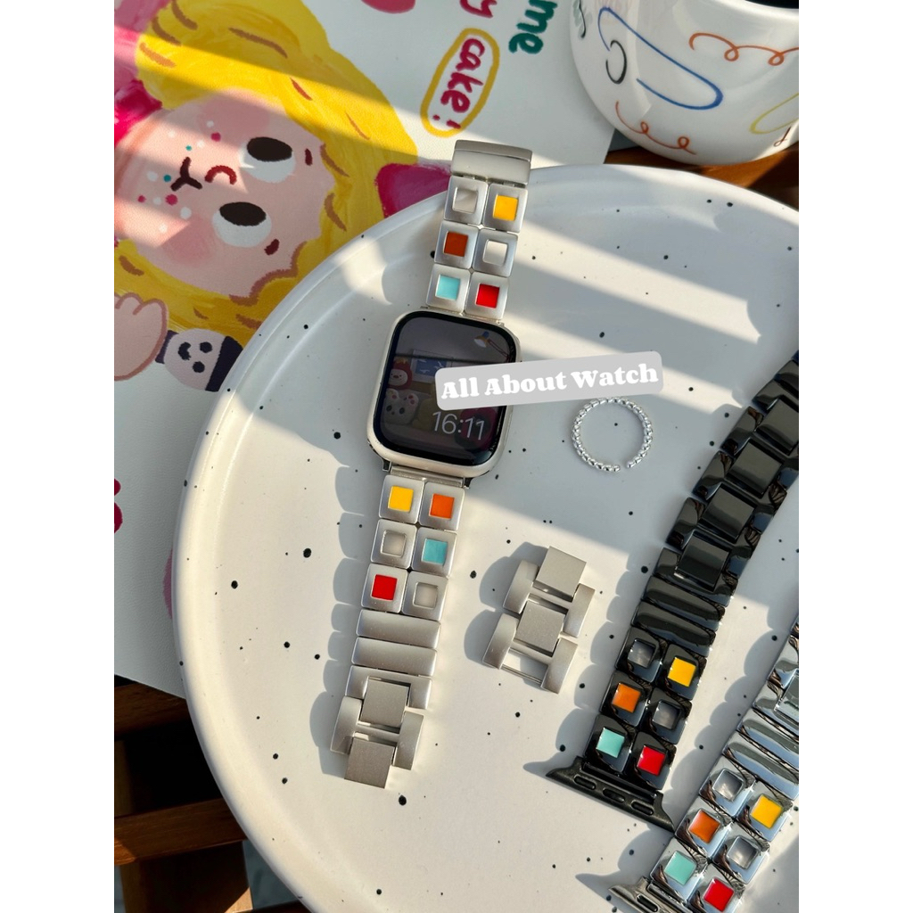 พร้อมส่ง สายนาฬิกาสแตนเลส ตารางสี Colourful ใช้ได้กับ Smart Watch 10 9 ...