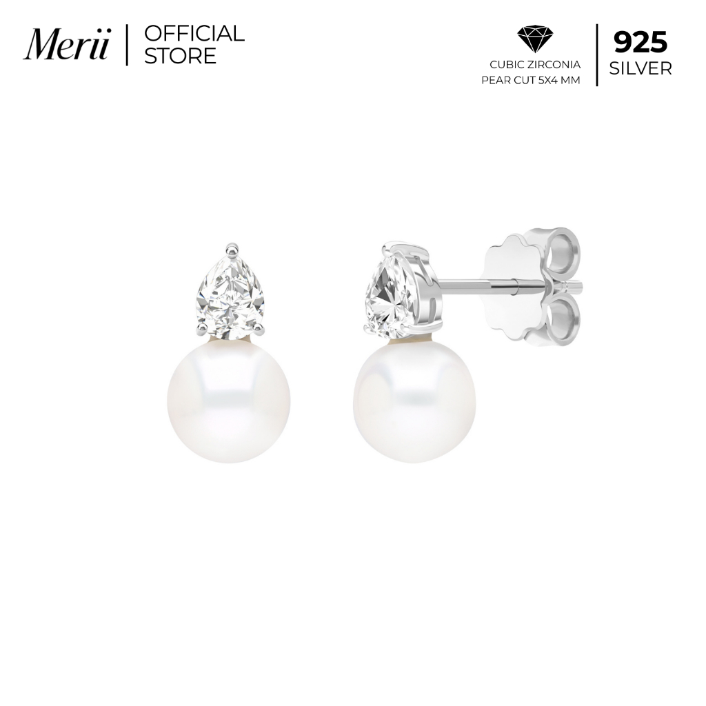Merii ต่างหูเงินชุบโรเดียม ประดับไข่มุกน้ำจืด 7 มม.และ CZ ทรงหยดน้ำ ...