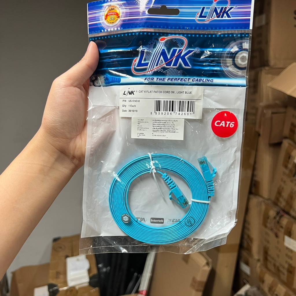 LINK CAT 6 Flat Patch Cord 1M/3M (Light Blue) สายแลน LINK CAT6 แบบแบน ...