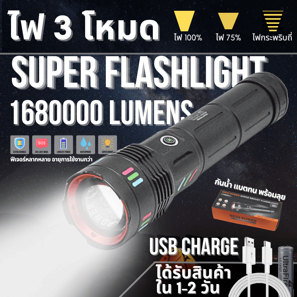 ไฟฉาย High Power Super Flashlight 1680000 lumens ไฟฉายแรงสูง ไฟฉายชาร์จไฟ มีไฟปรับได้ 3 โหมด ...