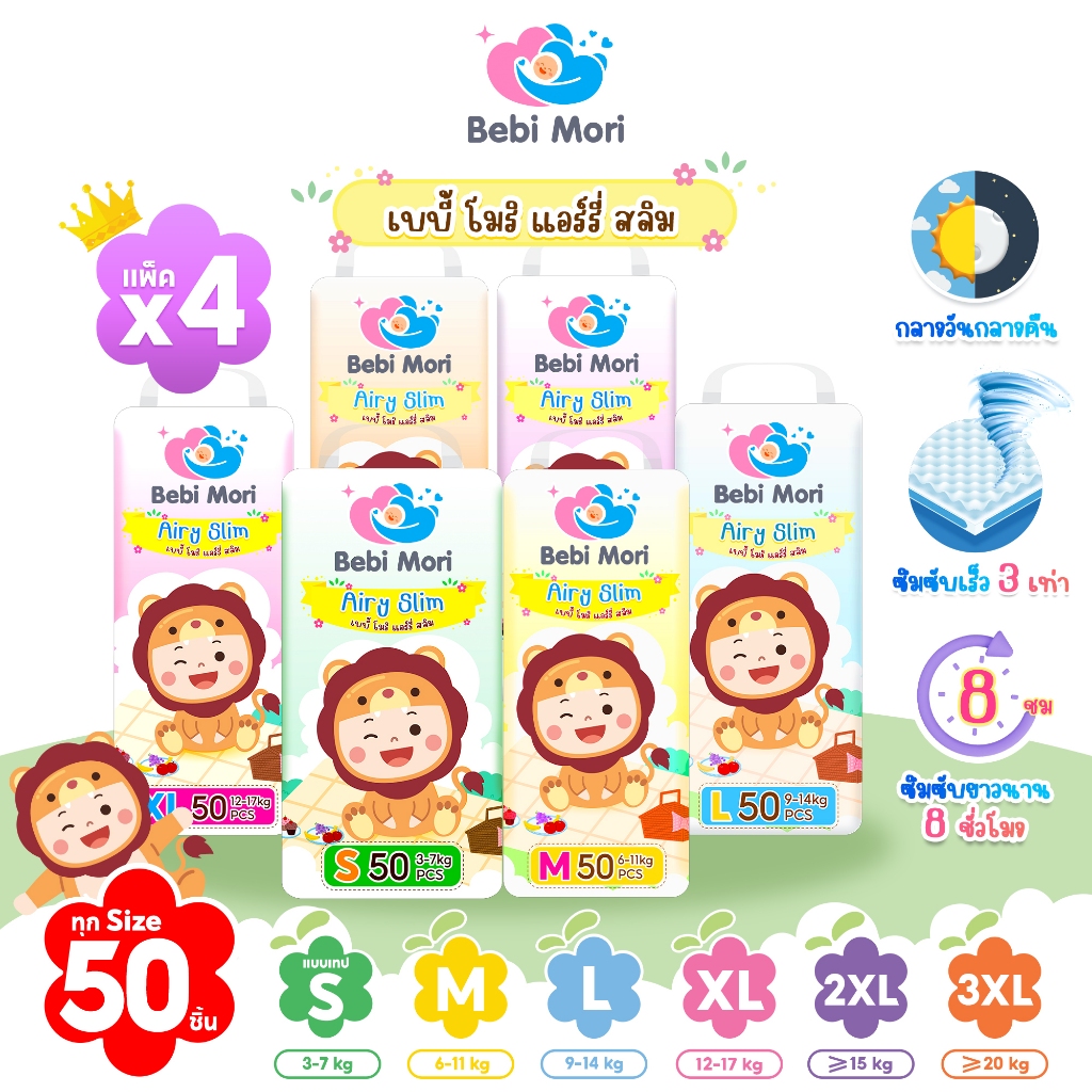 ยกลัง4แพ็ค Bebi Mori กางเกงผ้าอ้อม เบบี้โมริ Airy Slim ผ้าอ้อมสำเร็จรูป ...