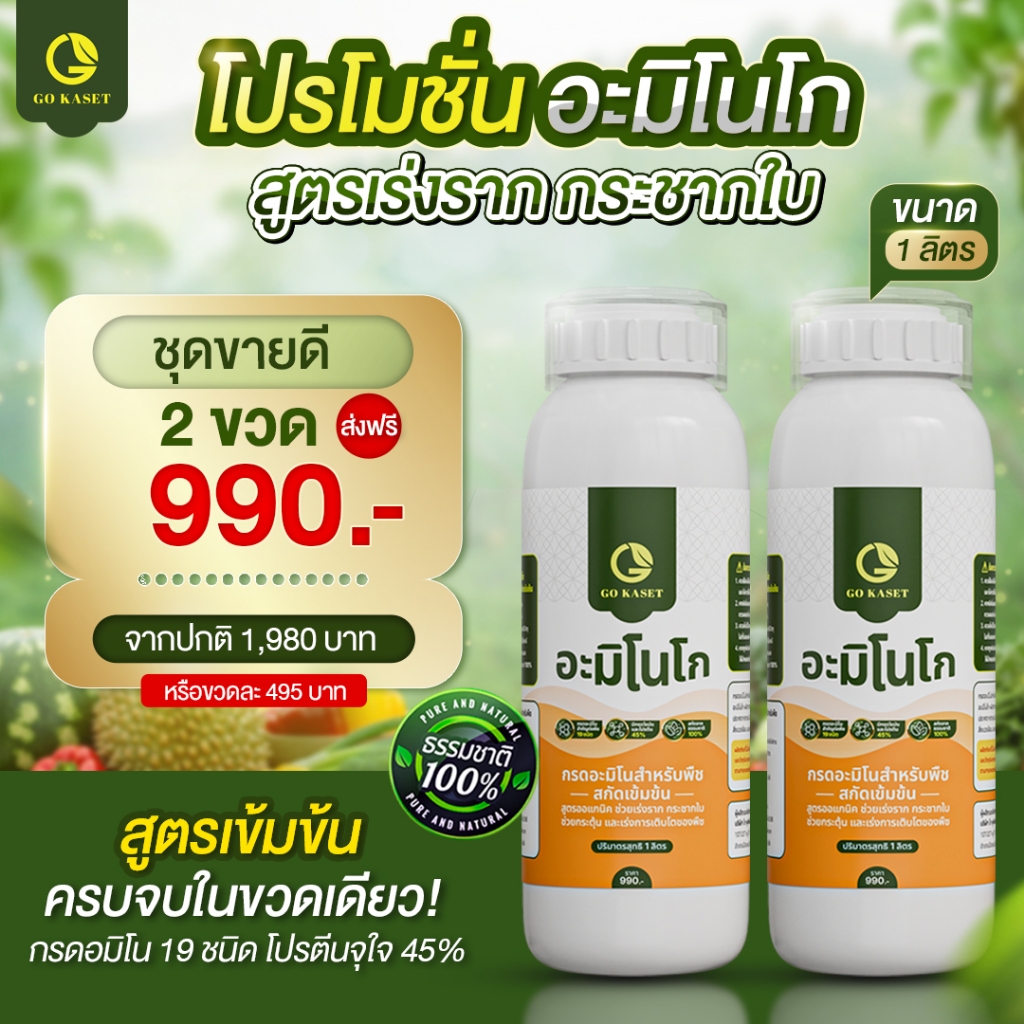 [2ขวด] อะมิโนโก(ขวดใหญ่) 1,000 ML - AMINO GO กรดอะมิโนสำคัญต่อพืช 19 ...