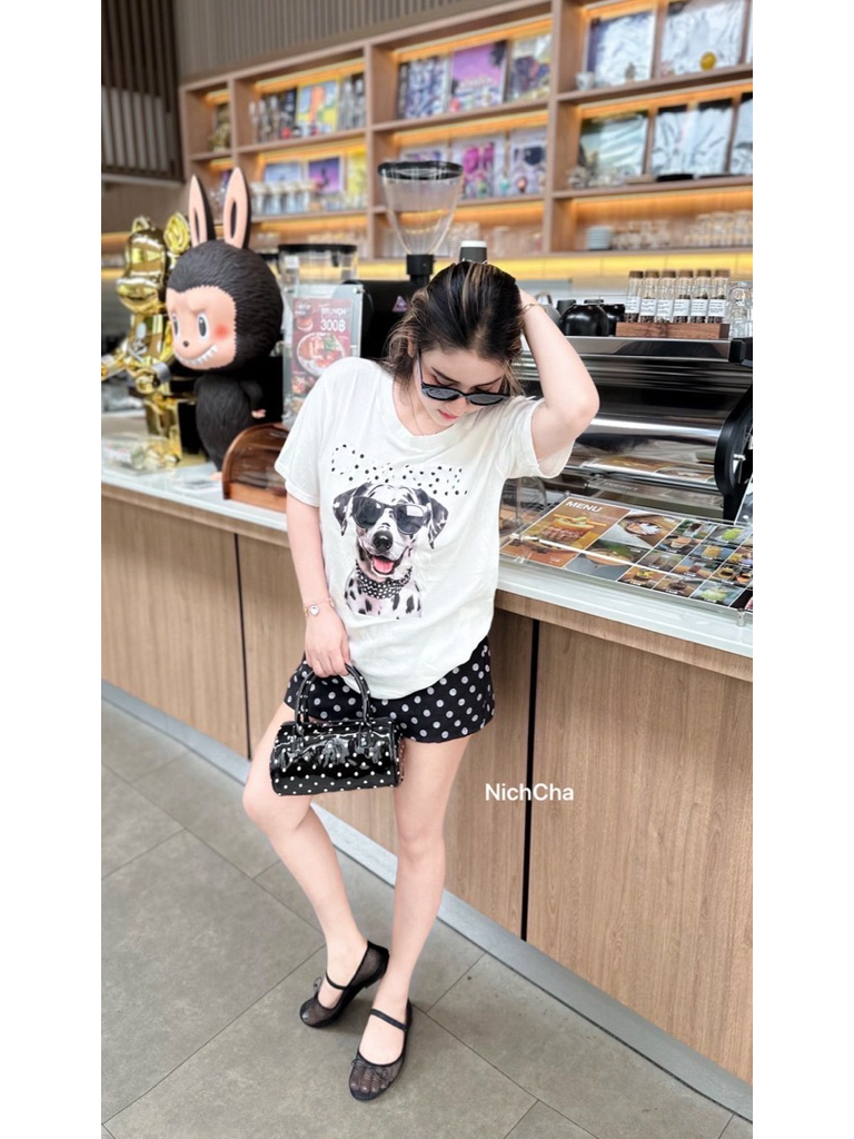 #Nicha น้องหมานำเข้าทั้งชุด Set2ชิ้น เสื้อโอเวอร์ไซด์ผ้ายูนิโคล่นิ่มสกรีนลาย กระโปรงซิปหน้าสมอค ...