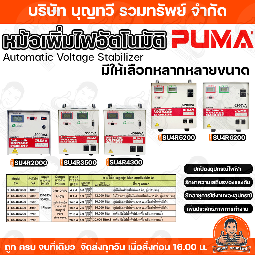 PUMA หม้อเพิ่มไฟอัตโนมัติ รุ่น SU4R ขนาด 2000/3500/4300/5200/6200VA ...