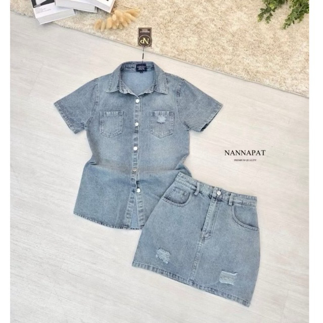 Nannapat Set ยีนส์ เสื้อคอปก+กระโปรง | Shopee Thailand