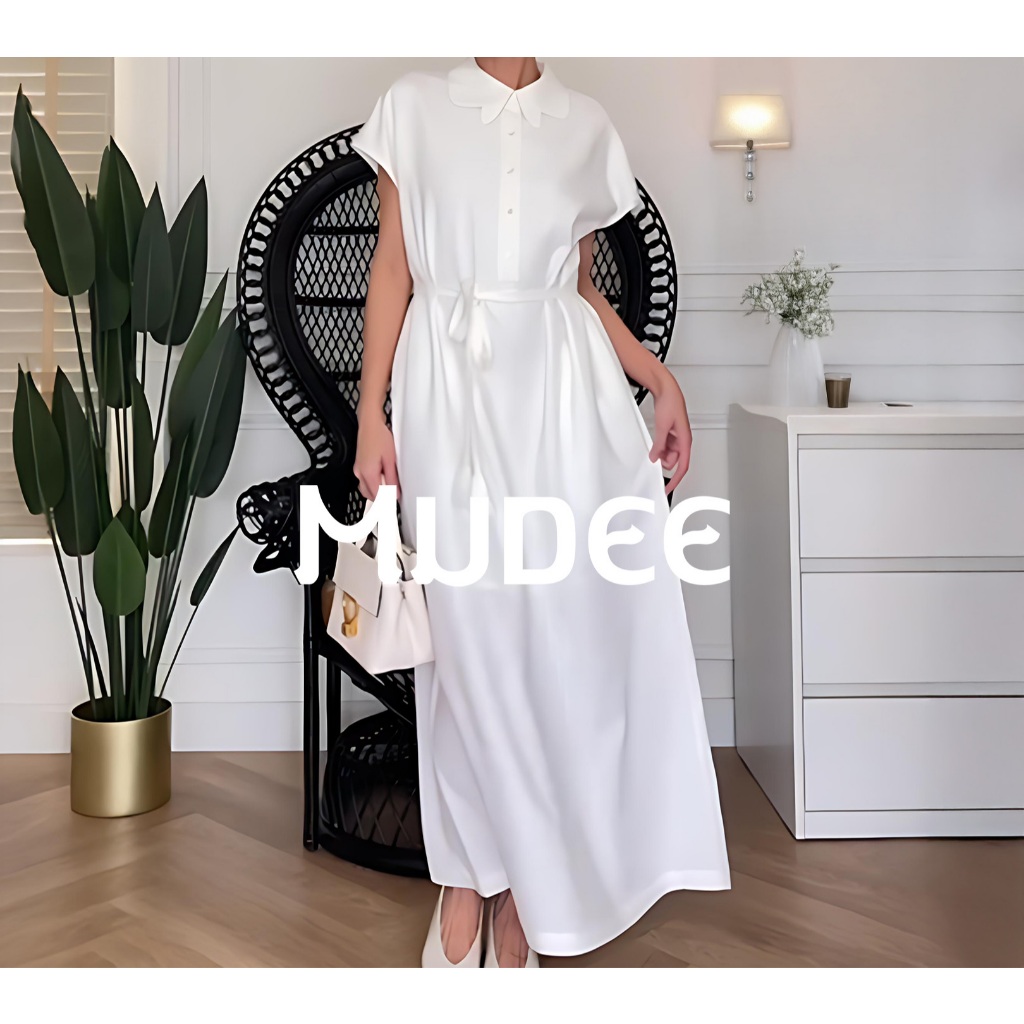 Mudee ชุดเดรสลินินคอบัวแขนล้ำ สีออฟไวท์ และ สีเขียว Sleeveless Peter ...