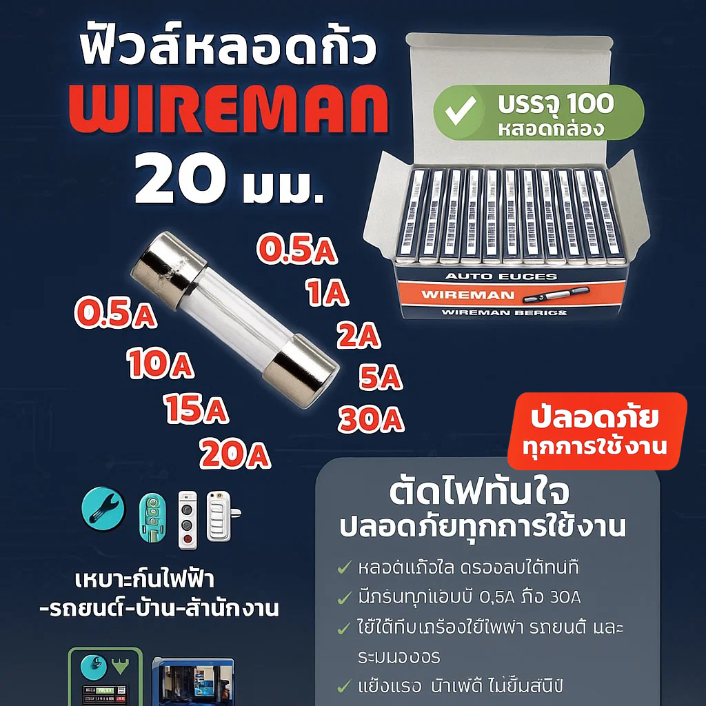 💥 มีราคาส่่ง (แพ็ค 100 ชิ้น) ฟิวส์หลอดแก้ว WIREMAN 20 มม. 0.5A–30A ปลาย ...