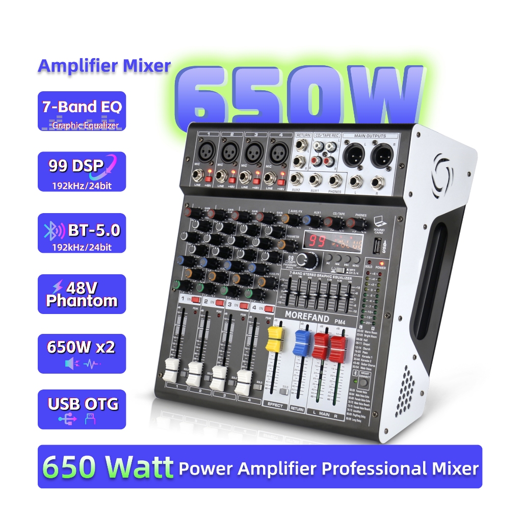 เพาเวอร์มิกเซอร์ 8โอห์ม 650วัตต์ X2ช่อง,power mixer /PM4 DSP 99/EQ 7 แบนด์/บลูทูธ/USB/48v ...