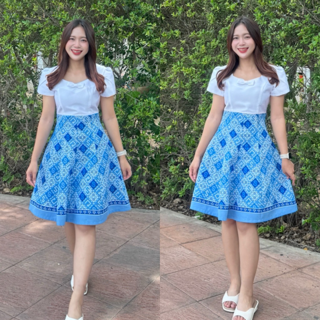 เดรสผ้าไทยสีฟ้า เดรสสีฟ้าวันแม่ เดรสทำงาน by Raphee | Shopee Thailand