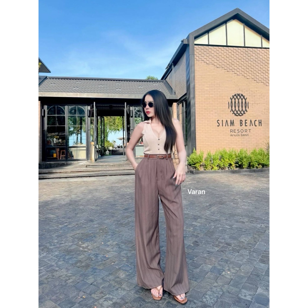 Phapassz -เซต 3 ชิ้น ดีเทลดูดี ตัวเสื้อโทนครีมผ้าดีหนานุ่ม คอปกอกเว้ากระดุมโชว์ด้านหน้า กางเกง ...