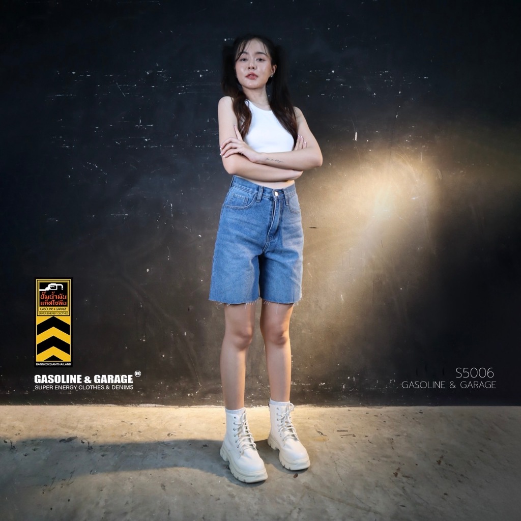 S5 006 กางเกงยีนส์ ขาสั้นผู้หญิงเอวสูง4ส่วน Lady Denim Shorts (Gasoline & Garage) ปั๊มน้ำมัน ...