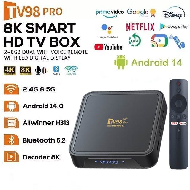 NEW TV98 Pro 8+128GB 8K HD LED Digital Display Android 14 TV Box 5G ...
