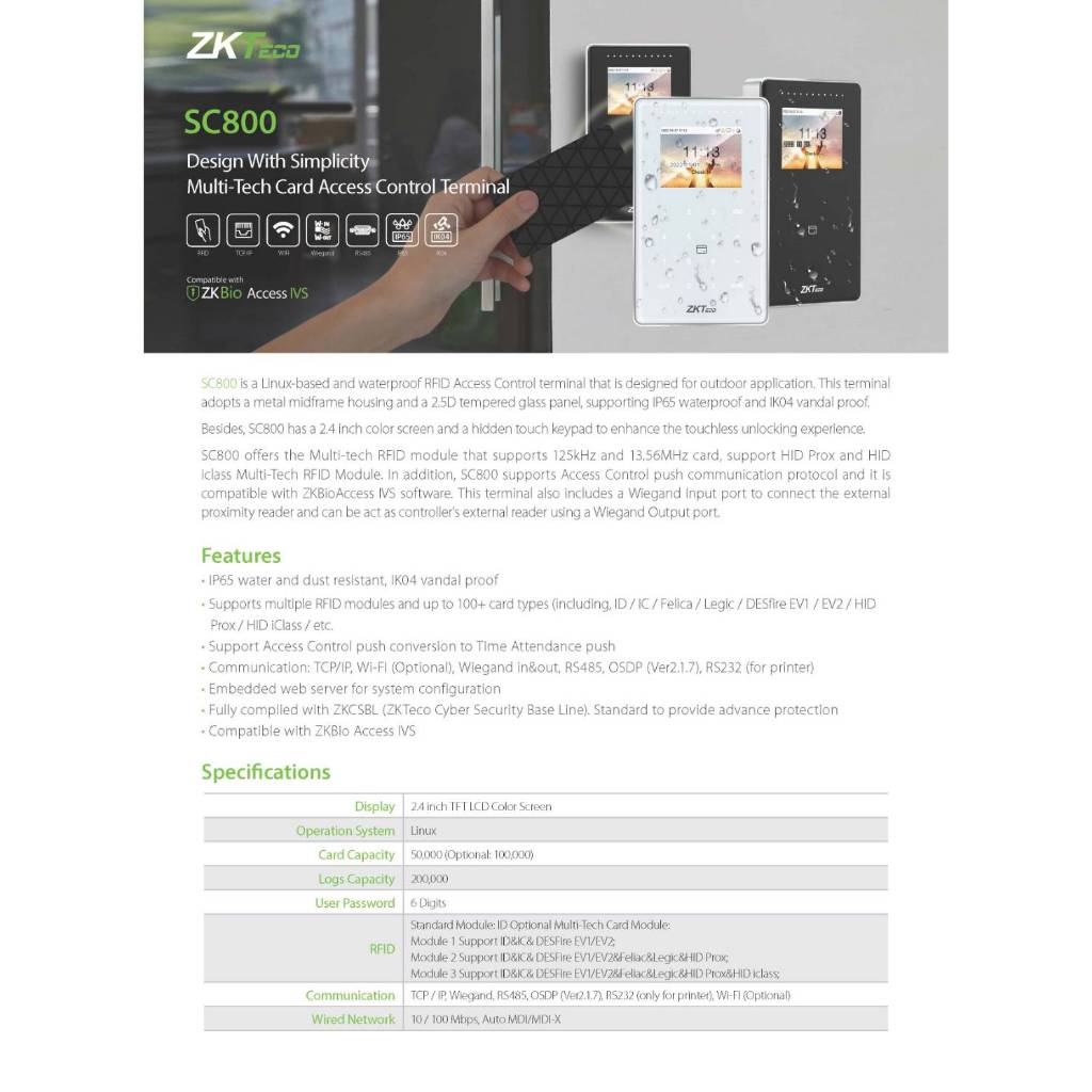 ZKTeco SC800 เครื่องอ่านบัตร กดรหัส ความจุ 50,000 บันทึกเวลา ควบคุม ...