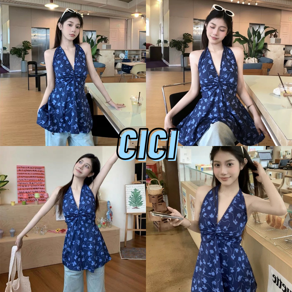 Cici(NO. J2187) เสื้อคล้องคอสม็อคหลัง ผ้าพิมพ์ลายดอกไม้สีน้ำเงิน ทรง ...