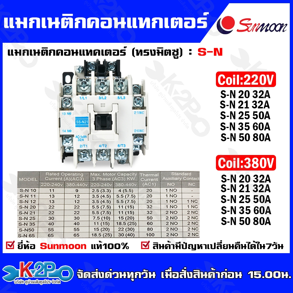Sunmoon แมกเนติก คอนแทกเตอร์ Magnetic Contactor SN-20 SN-21 SN-25 SN-35 SN-50 ไฟ 220V , 380V แมก ...