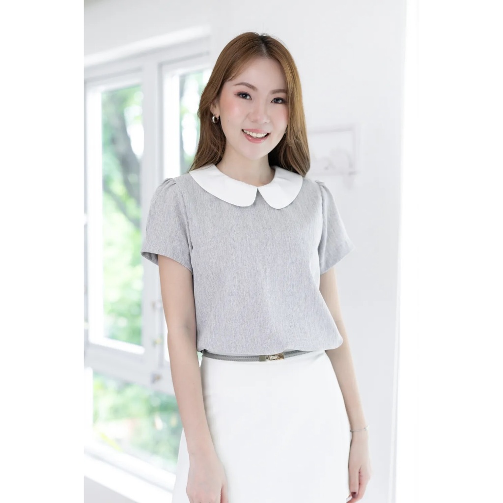 Narinari : MT0106 Peter Pan Collar Folded Sleeve Blouse – เสื้อปกบัว แขนจับจีบ | Shopee Thailand