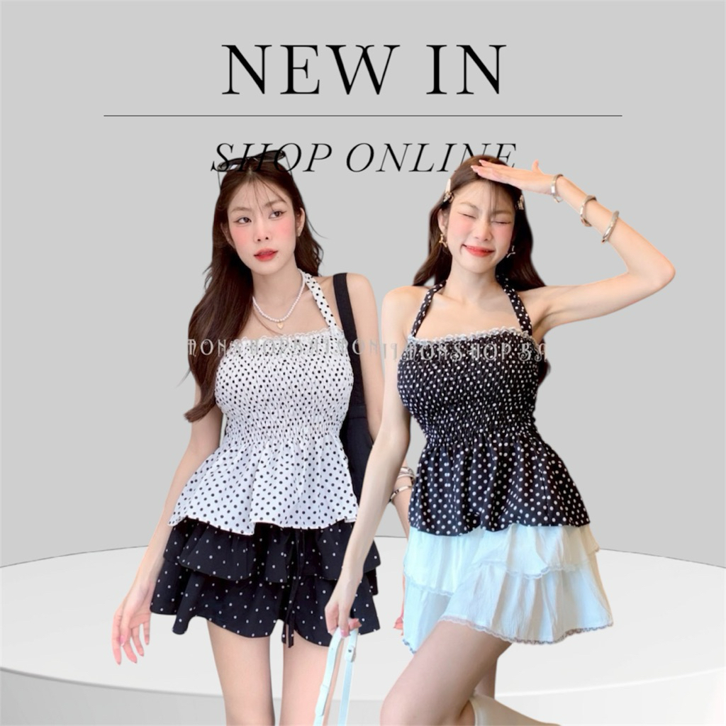 Ambella พร้อมส่ง เสื้อผูกคอ ลายจุด ดีเทลคอเหลี่ยม new fashion collection | Shopee Thailand