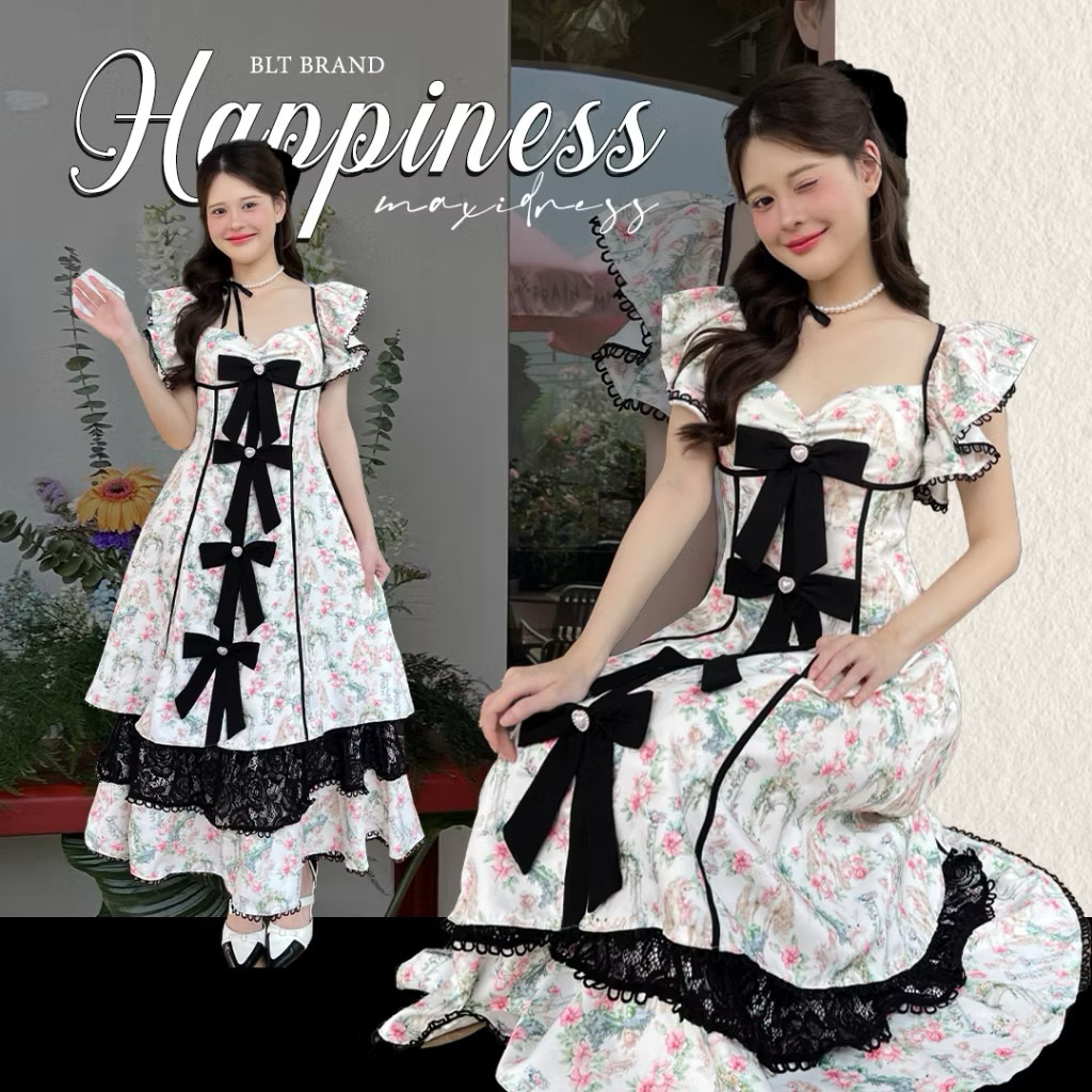 B624 BLT BRAND MAXI DRESS ชุดพิมพ์ลายแต่งโบว์ดำระบายลูกไม้ใส่เที่ยว ออก ...