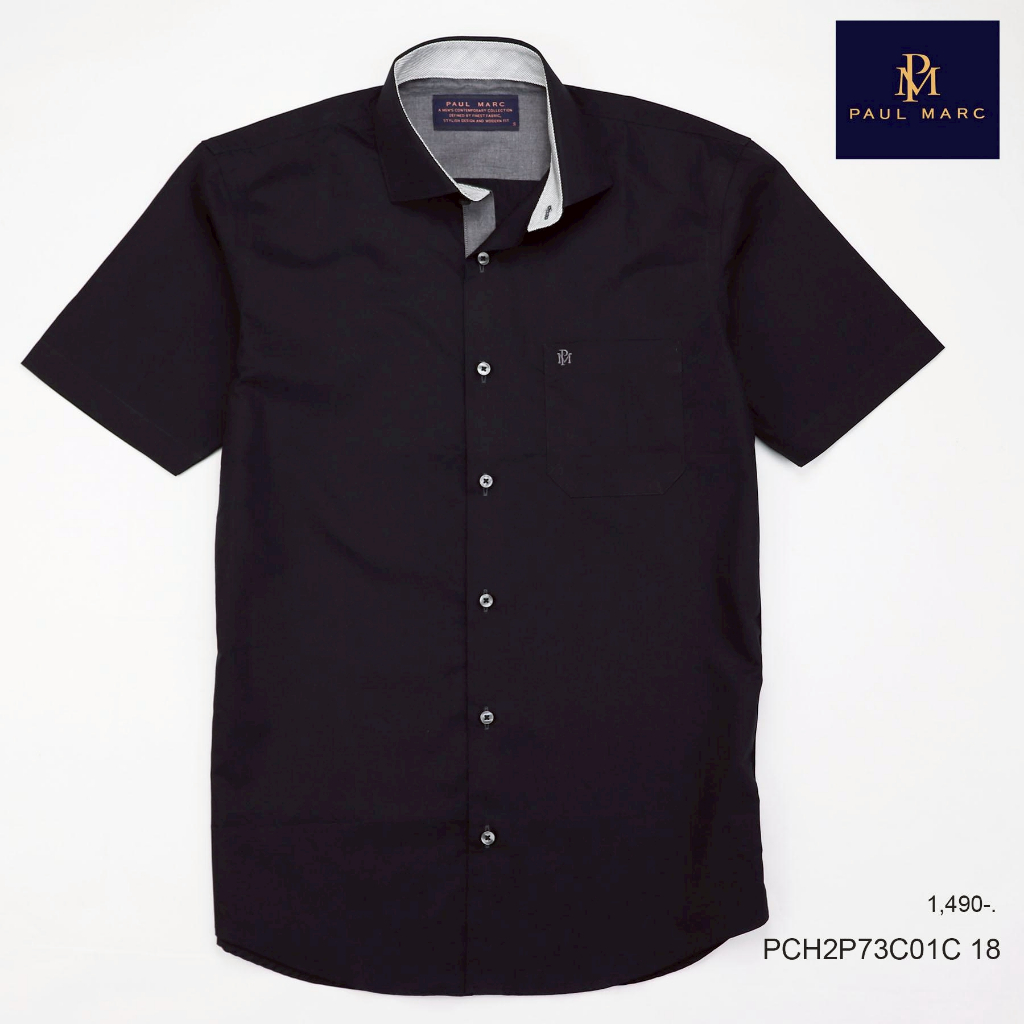 PAUL MARC เสื้อเชิ้ตสีพื้นดำแขนสั้น slim fit 100%cotton ผ้านุ่ม รีดง่าย ...