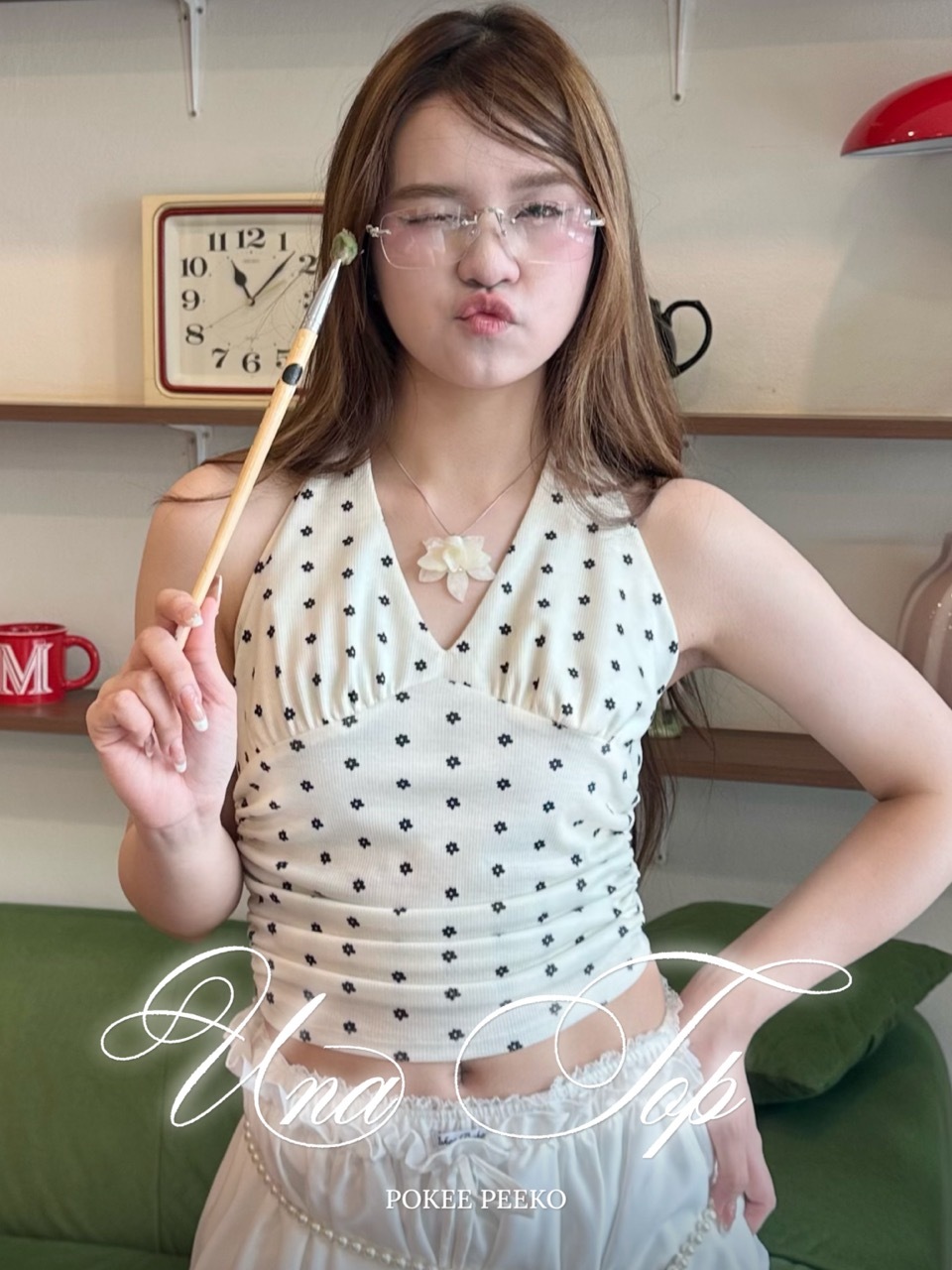 POKEE | UNA TOP เสื้อคล้องคอ จุดดอกไม้! | Shopee Thailand