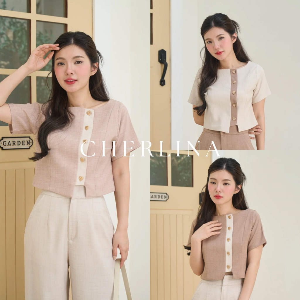 CHERLINA TOP (เฉพาะเสื้อ) เสื้อแขนสั้นคอปาด ดีเทลกระดุมหัวใจ แต่งทูโทนที่รางกระดุม | Shopee Thailand