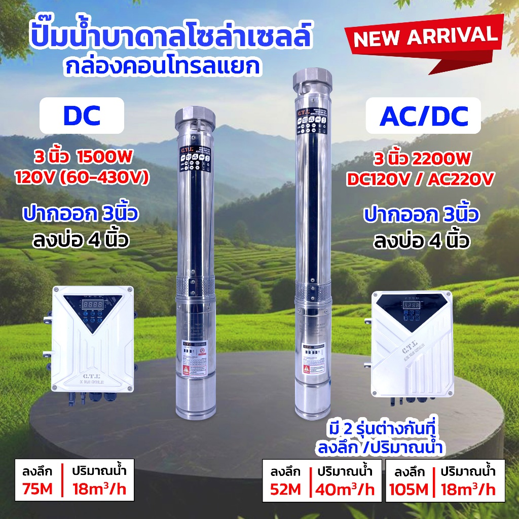 ปั๊มน้ำบาดาลโซล่าเซลล์ กล่องคอนโทรลแยก ท่อ 3นิ้ว ลงบ่อ 4นิ้ว 1500W 2200W 120V DC SOLAR WATER ...