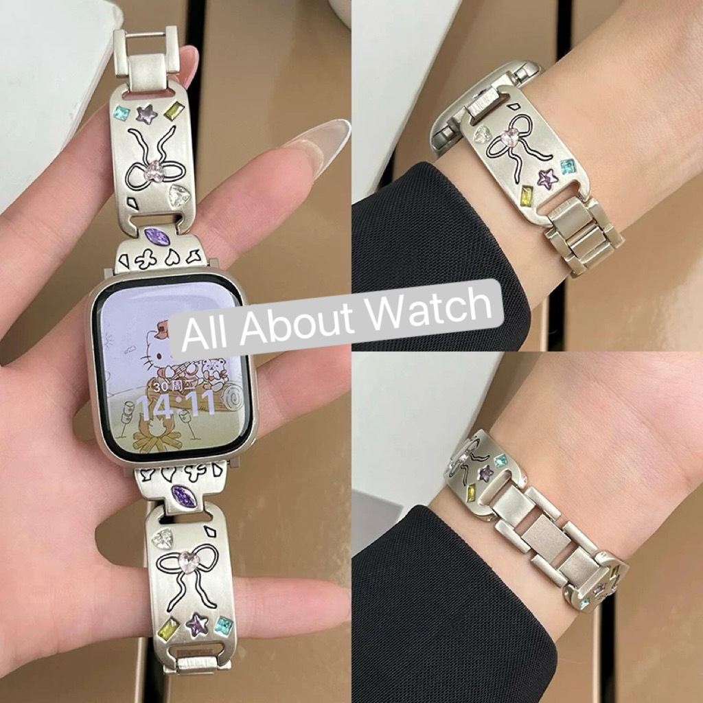 พร้อมส่ง สายสแตนเลสปั๊มลายโบว์น่ารัก ใช้ได้กับ Smart Watch 10 9 8 7 6 5 ...