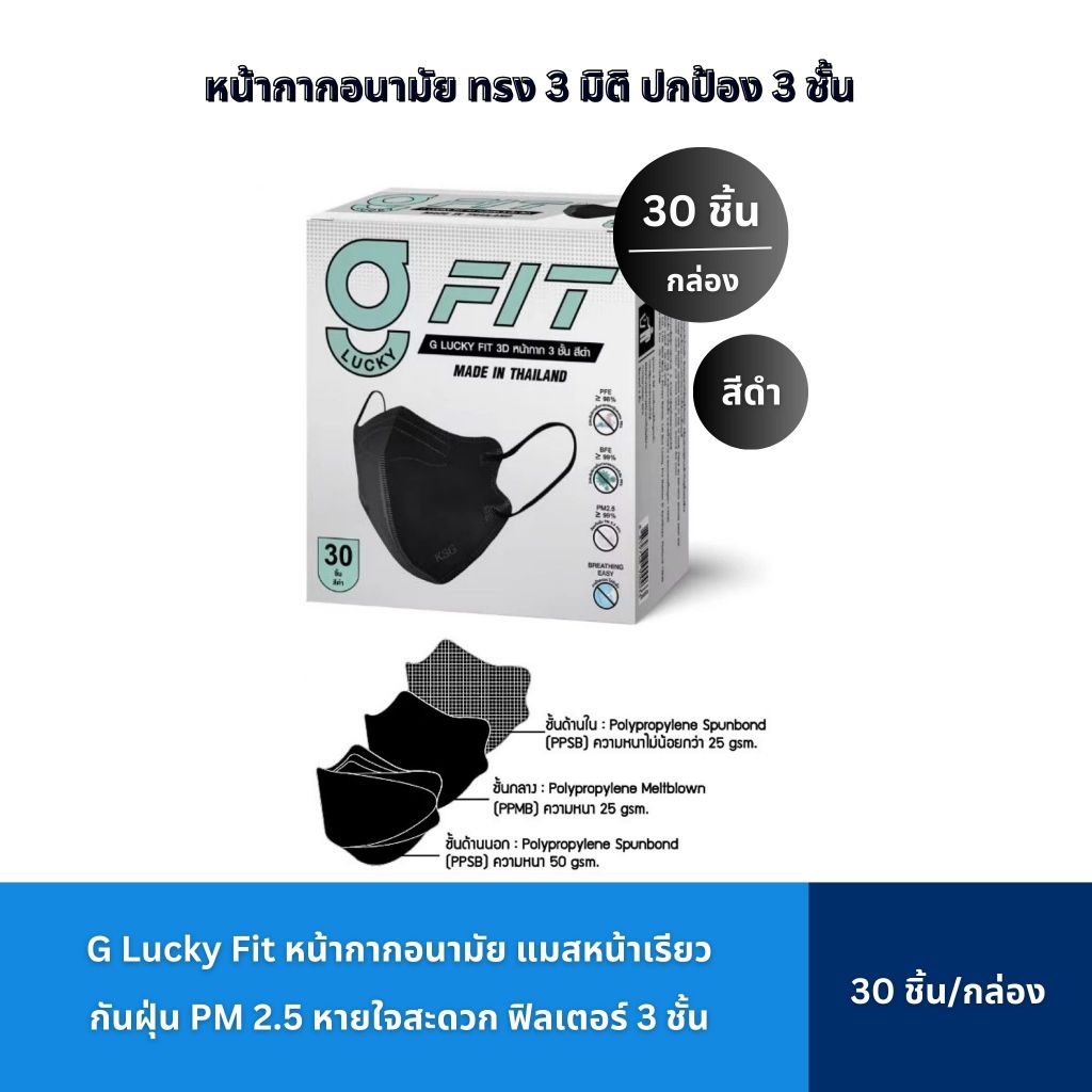 G Lucky Fit 3D หน้ากากอนามัย แมสหน้าเรียว กันฝุ่น PM 2.5 กรอง 3 ชั้น สี ...