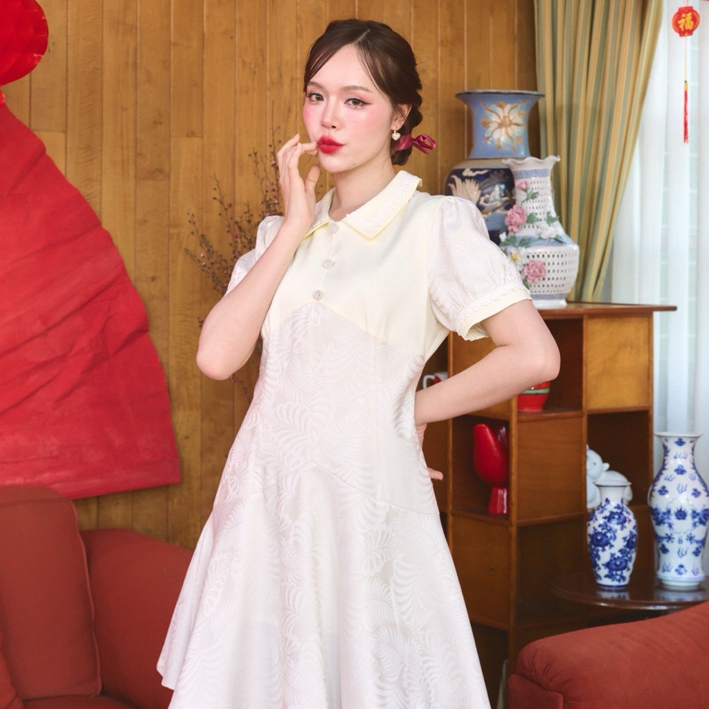 Líng Líng Dress : DW03 ชุดเดรสระบายหางปลา คอปกผ้าแจ็คการ์ดซาติน มือ 1 ...