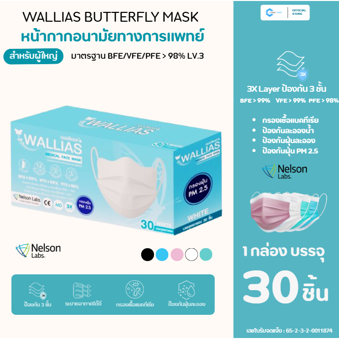 หน้ากากอนามัยทางการแพทย์ Butterfly Medical Mask หนา 3 ชั้น มาตรฐาน BFE/VFE/PFE>99% กรองเชื้อ ...