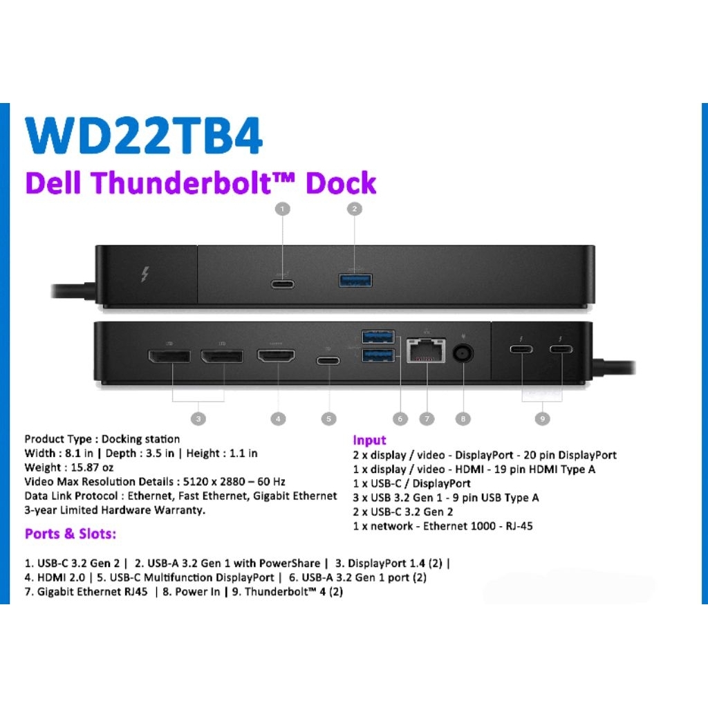 DELL Docking WD22TB4 พร้อม Thunderbolt4 ส่งภาพได้4K พร้อมกัน 3 จอ พร้อม ...