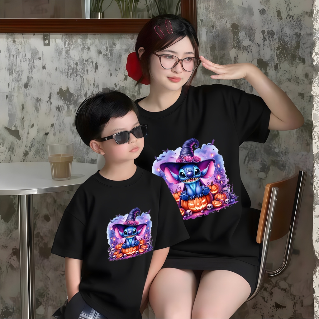 🔥COD🔥RINA STUDIO🔥 2025ชุดเสื้อยืดสำหรับครอบครัว ไทม์สั้นสีดำสำหรับวันฮาโลวีน ที่ทำจากฝ้าย มีลาย ...