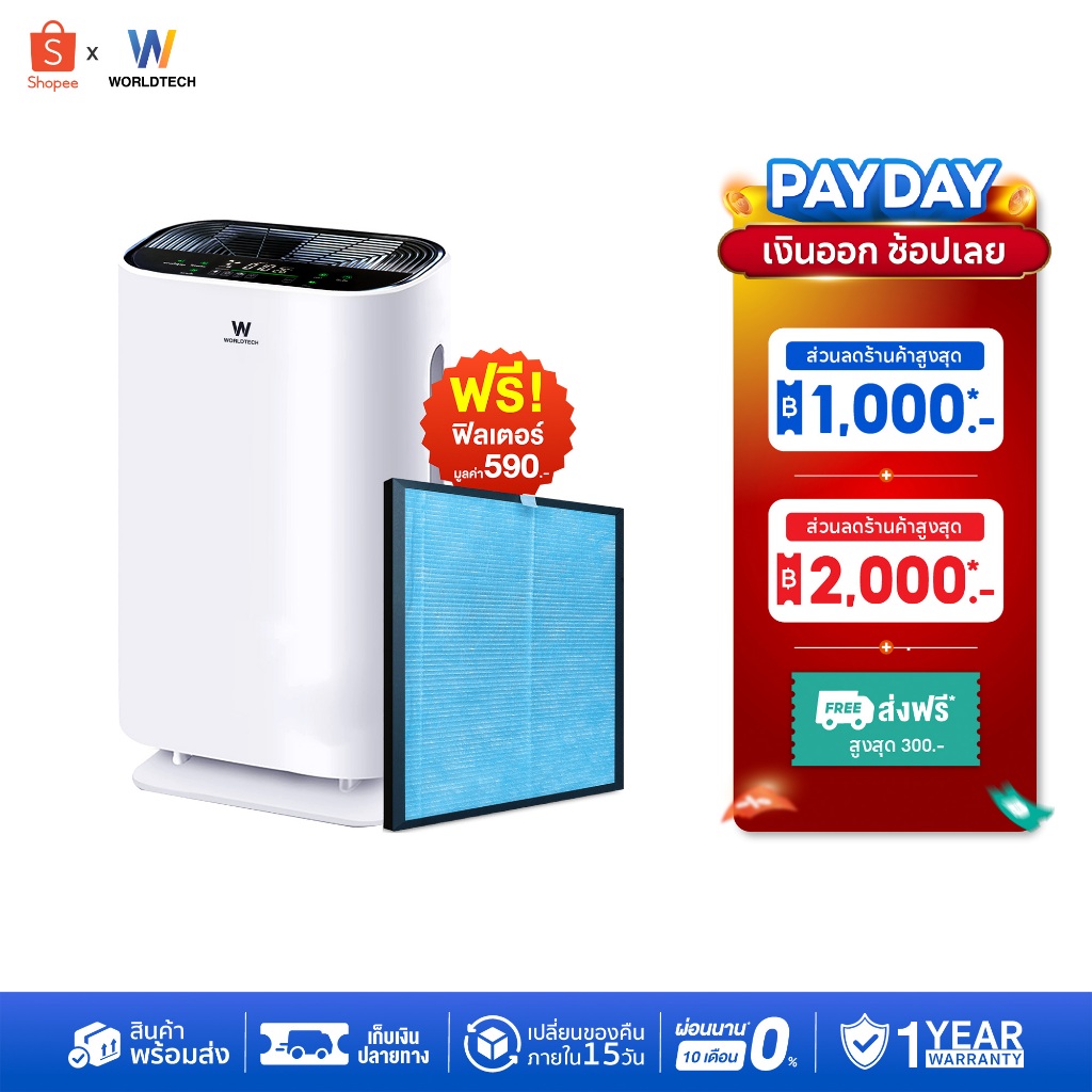 [พร้อมส่ง] Worldtech เครื่องฟอกอากาศ Air Purifier มอก.รับรอง พื้นที่ 40-50 ตรม.รุ่น WT-P50 ...
