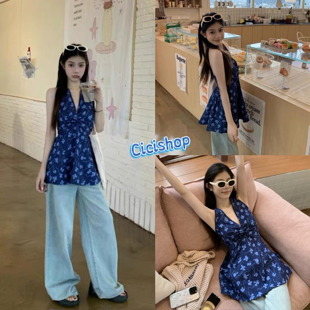 Cicishop(J2187) เสื้อคล้องคอสม็อคหลัง ผ้าพิมพ์ลายดอกไม้สีน้ำเงิน ทรง ...