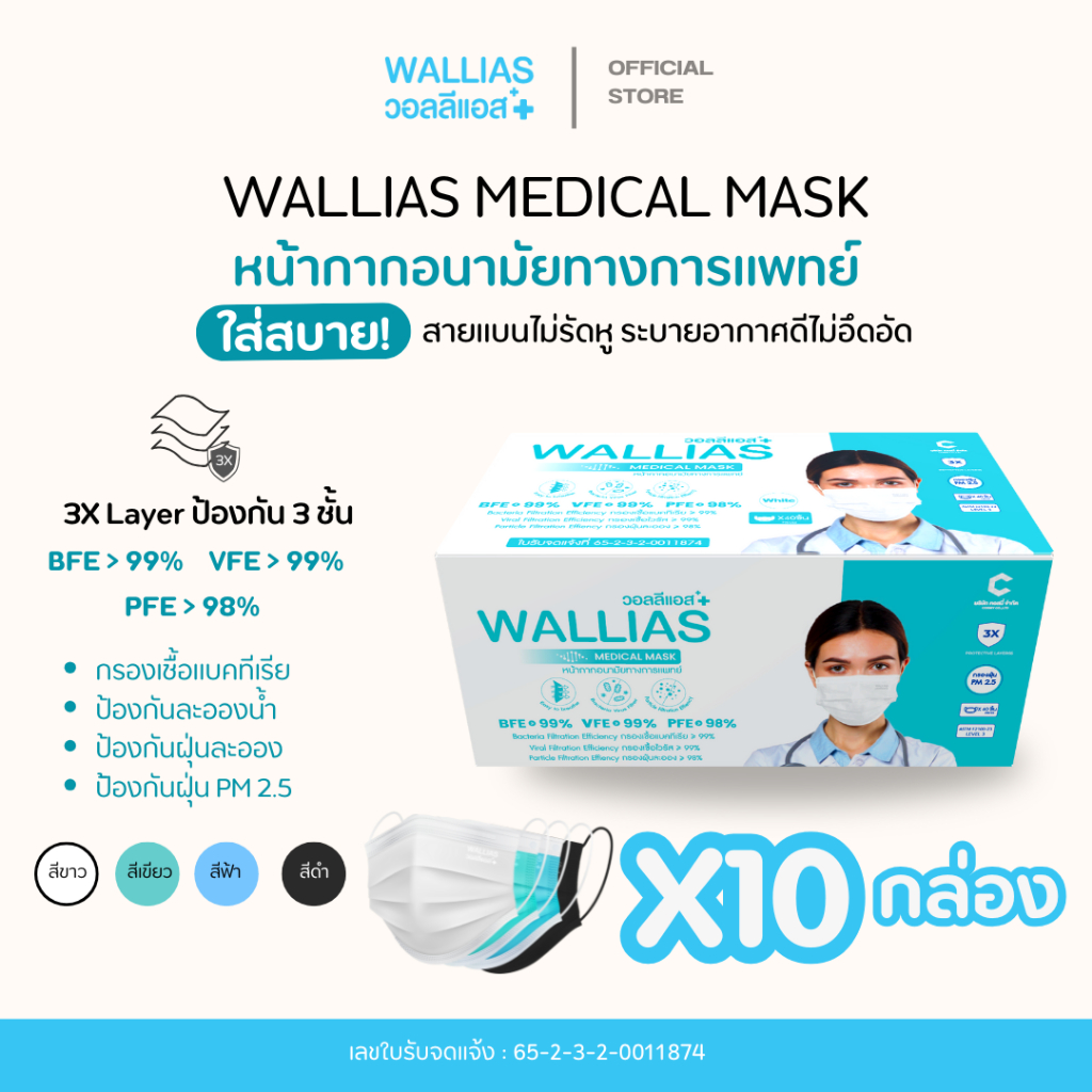 [เซต 10 กล่อง] Wallias หน้ากากอนามัย แมสก์ บรรจุ 50 ชิ้น ป้องกัน ฝุ่น PM2.5 ไวรัส แบคทีเรีย 99% ...