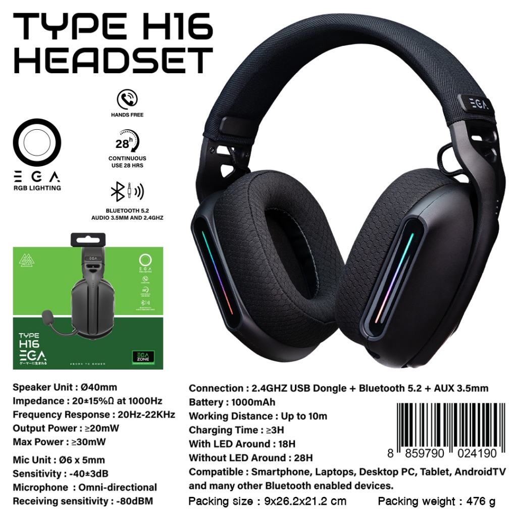 หูฟังเกมมิ่งไร้สาย EGA TYPE H16 H17 H18 bluetooth, Wireless,สายAUX3.5 ...