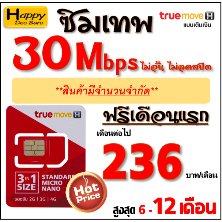ซิมเทพทรู True 30Mbps 15Mbps 10Mbps 8Mbps 6Mbps ไม่ลดสปีด ไม่จำกัดGB โทรฟรีทุกเครือข่าย* ต่ออายุ ...
