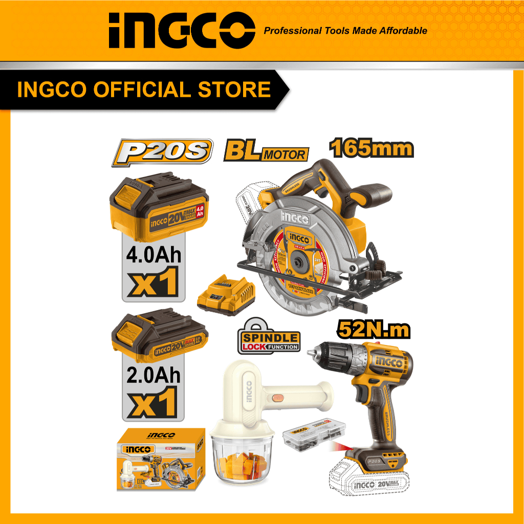 INGCO Combo Set เลื่อยวงเดือน 6" + สว่านไร้สาย 52Nm + เครื่องตีผสมอาหาร ...