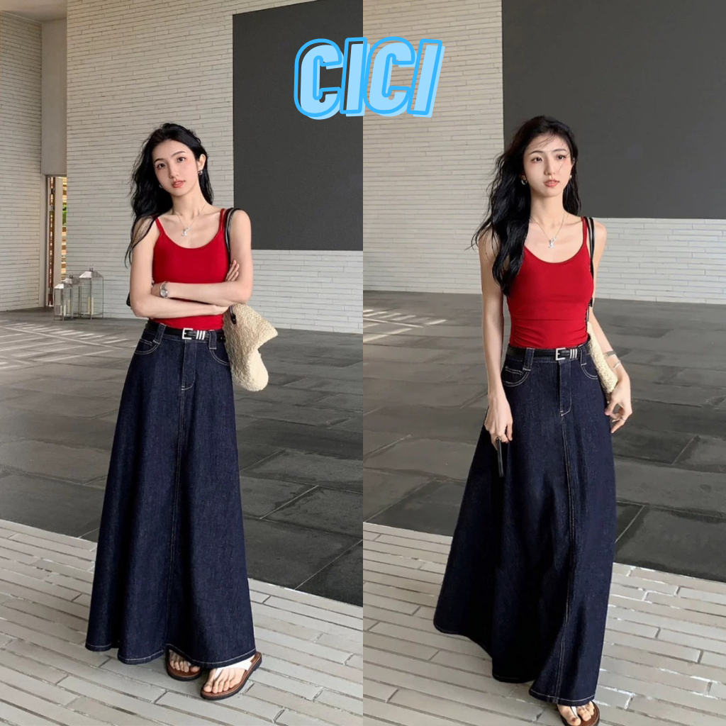 Cici(NO.750)กระโปรงยีนส์ยาวทรงหางปลา ให้ลุคคลูๆเก๋ชิคๆ | Shopee Thailand