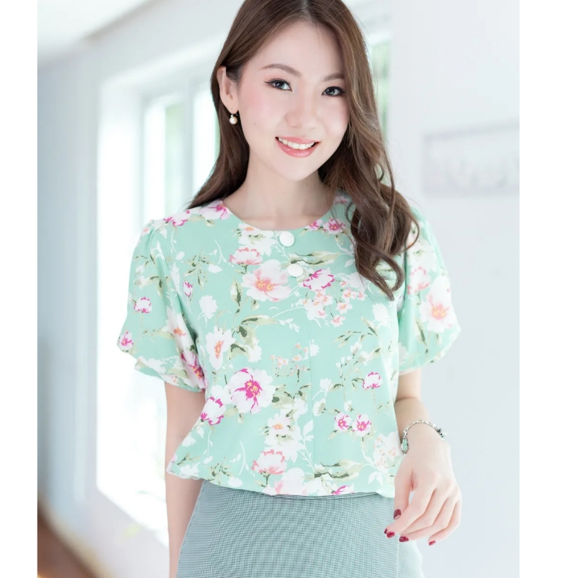 Narinari : MT0307 Double/Triple Button Balloon Sleeve Blouse – เสื้อแขนบอลลูน | Shopee Thailand